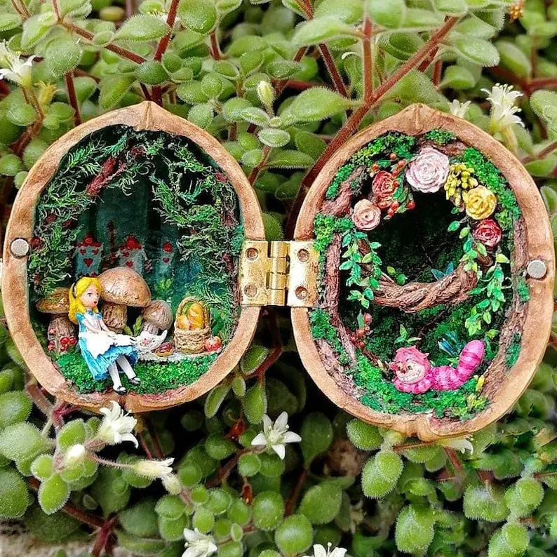 Handmade.Walnut Shell Doll House--mini library, tiny World inside waln ...