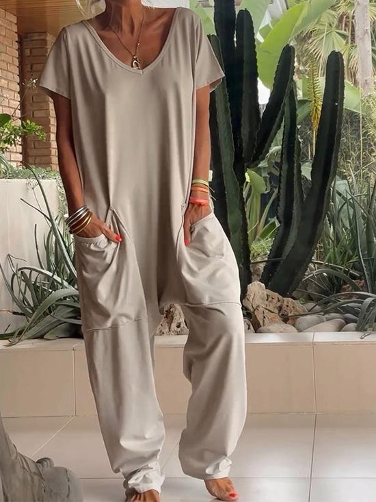 Casual V-neck Solid Color Jumpsuit – sususummer.com