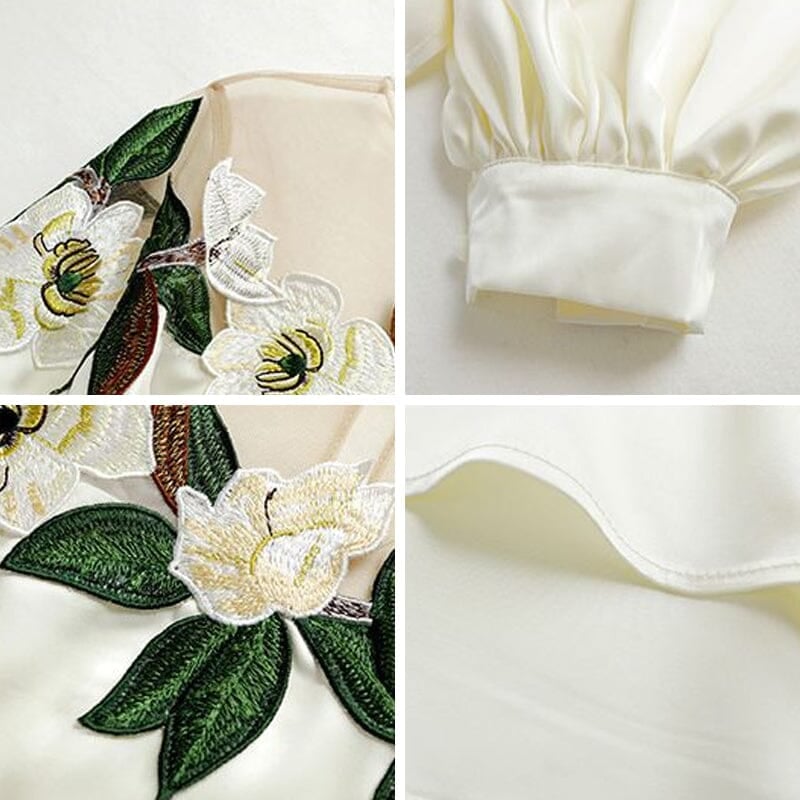 Mesh inserts embroidered satin shirt top – sususummer.com