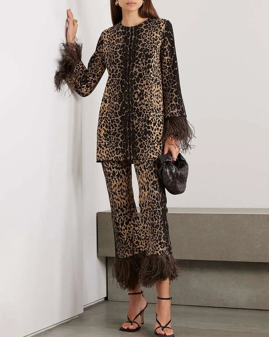Asymmetric feather-trimmed sequin-embellished top and pants two-piece ...