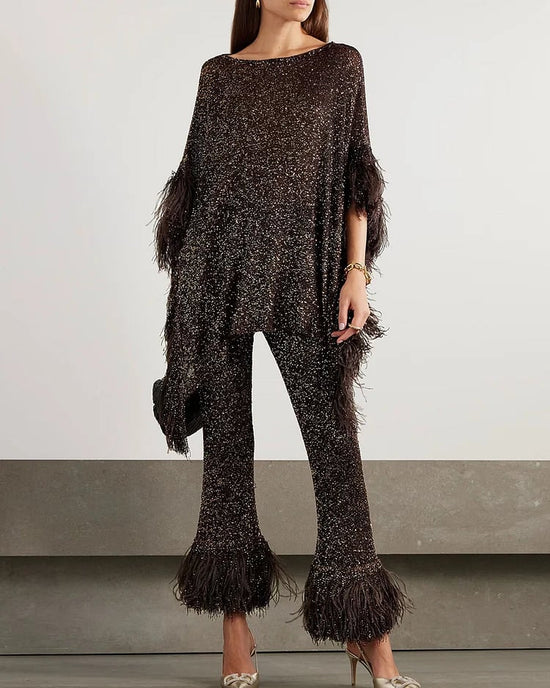 Asymmetric feather-trimmed sequin-embellished top and pants two-piece ...