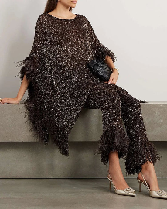 Asymmetric feather-trimmed sequin-embellished top and pants two-piece ...